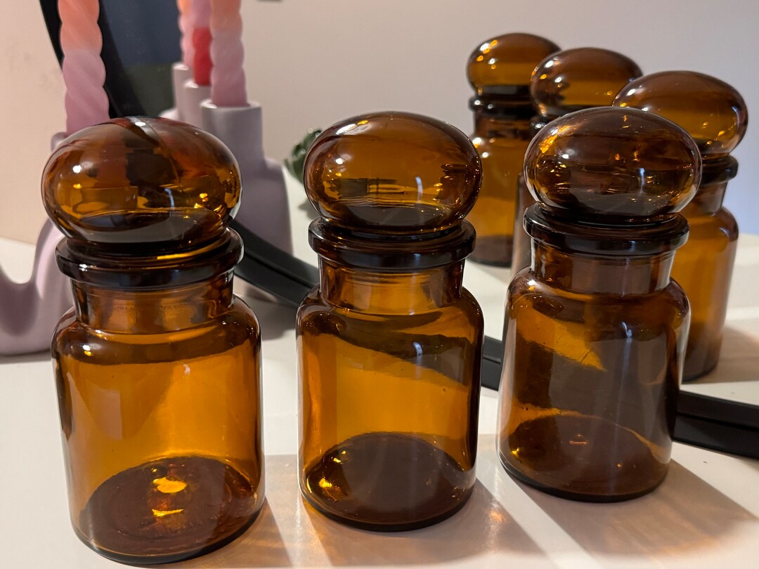 Amber Glass Bubble Lid Apothecary Jars Made in Belgium 60s/70s Set of ...