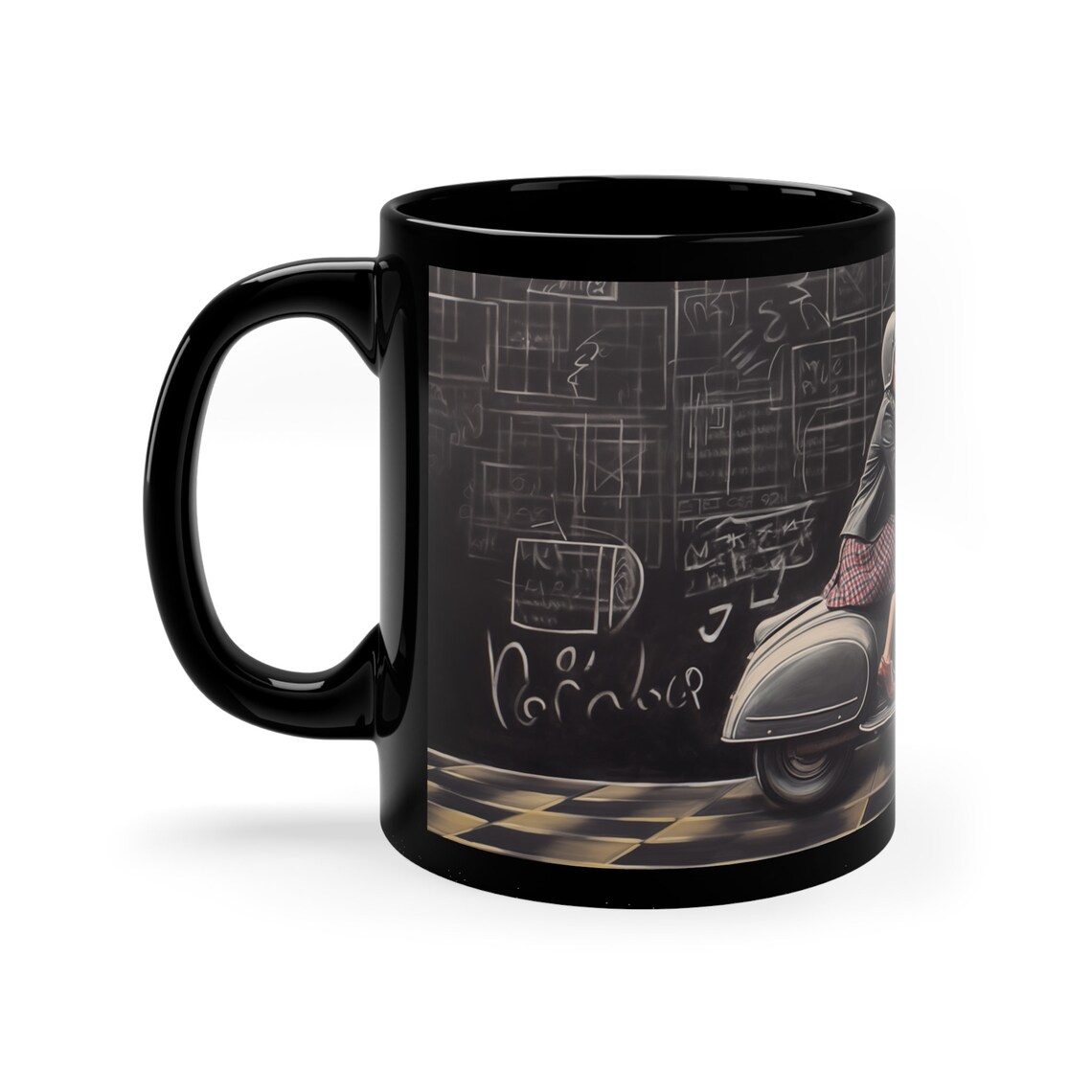 Vespa Chalk Art - 11oz Black Mug, Vespa Scooter, Brooklyn Street Art ...
