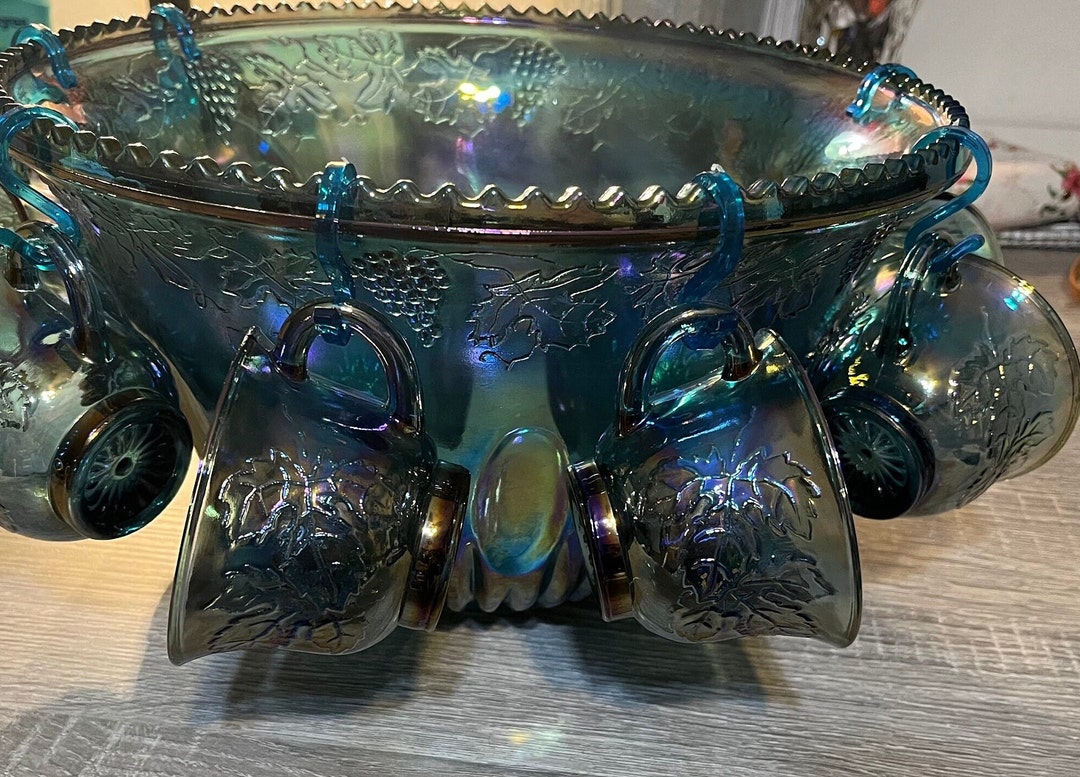 1950s Grape Harvest Blue Indiana Glass Iridesent Punch Bowl, With Set ...