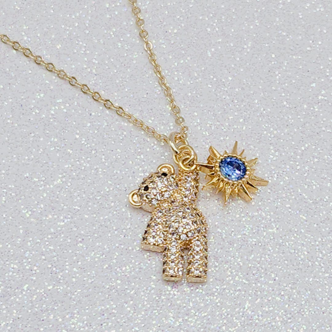 Cute Teddy Bear Pendant With Birthstone Charm Necklace. 16k Gold Plated ...