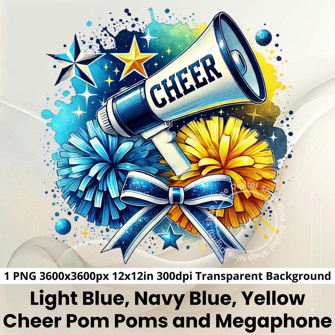 Light Blue Navy Blue Yellow Cheer Pom Poms and Megaphone Navy Blue ...