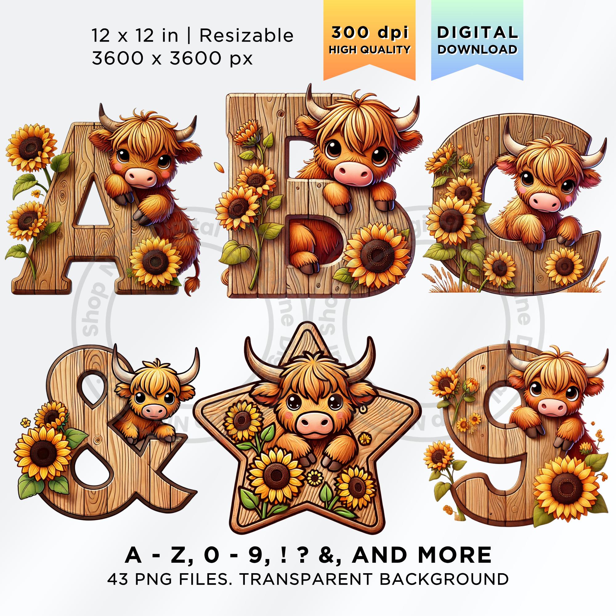 Highland Cow Alphabet Letter Png, Sunflower Highland Cow Png, Highland ...