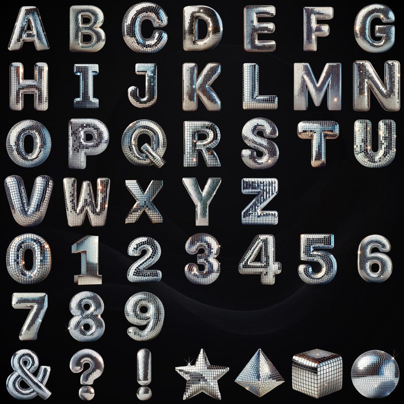 Retro Silver Disco Ball Letters Alphabet Font Png Clipart Groovy ...