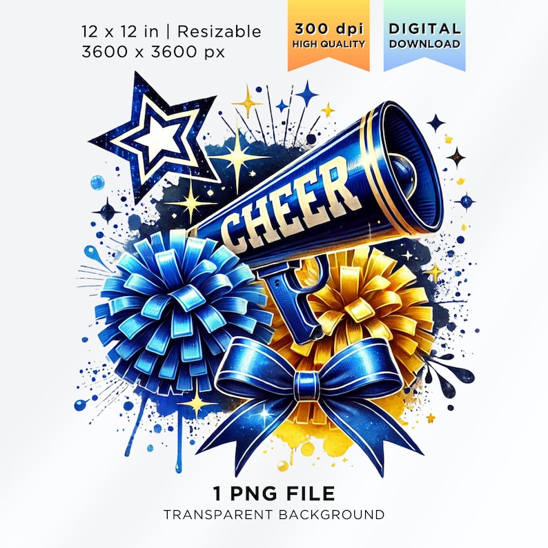 Dark Blue and Yellow Cheer Pom Poms and Megaphone Cheer Blue PNG Cheer ...