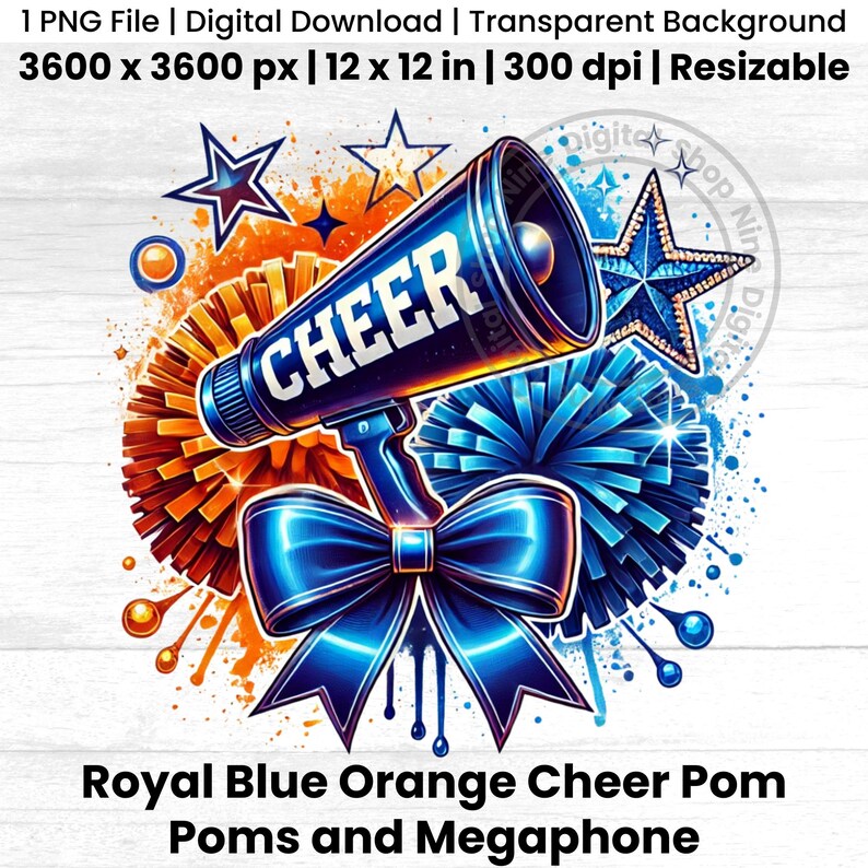 Royal Blue Orange Cheer Pom Poms and Megaphone PNG Cheerleader Design ...