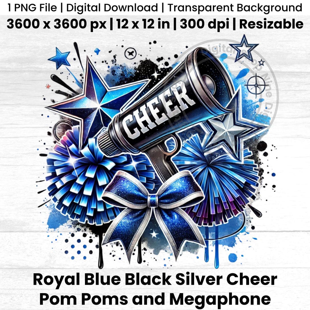 Royal Blue Black Silver Cheer Pom Poms and Megaphone Cheerleading PNG ...