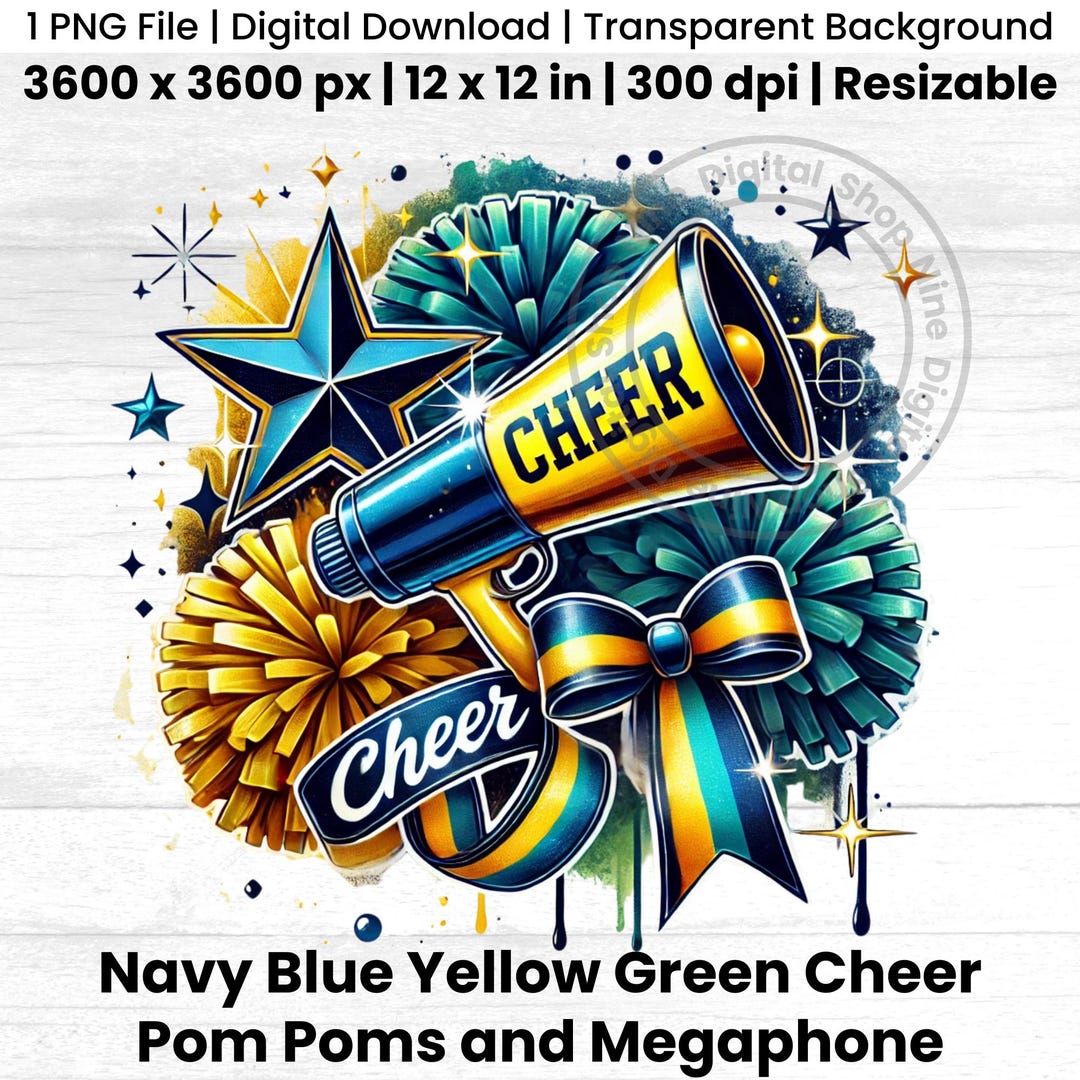Navy Blue Yellow Green Cheer Pom Poms and Megaphone PNG Cheerleader ...