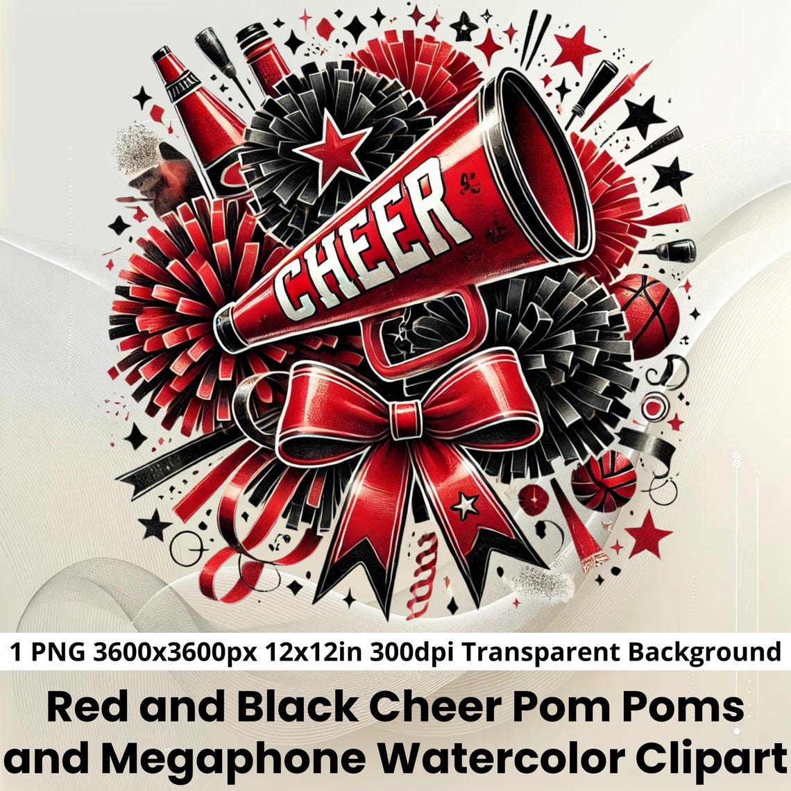 Cheer Pom Poms and Megaphone Watercolor Clipart Red and Black ...