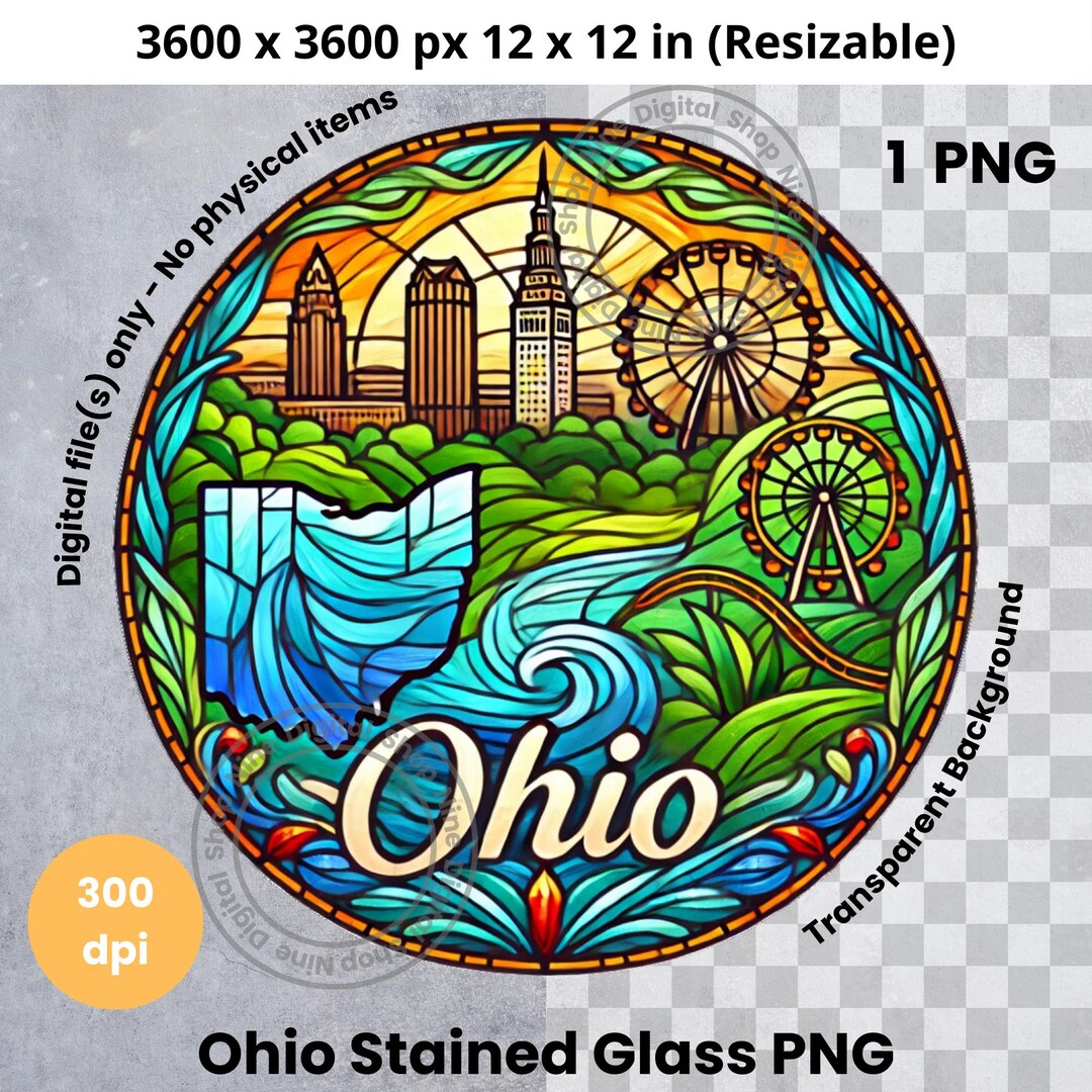 Ohio Art Print, Ohio State Stained Glass Png, USA States Stained Glass ...