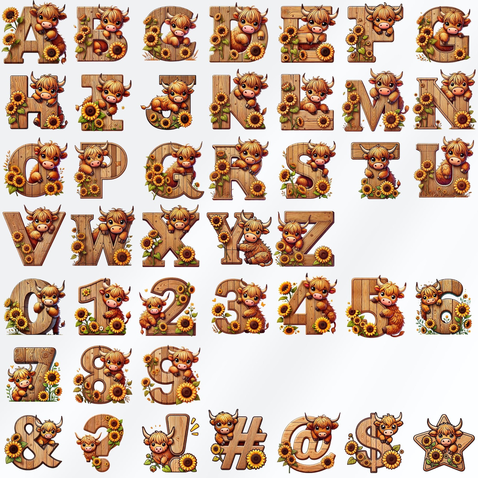Highland Cow Alphabet Letter Png, Sunflower Highland Cow Png, Highland ...