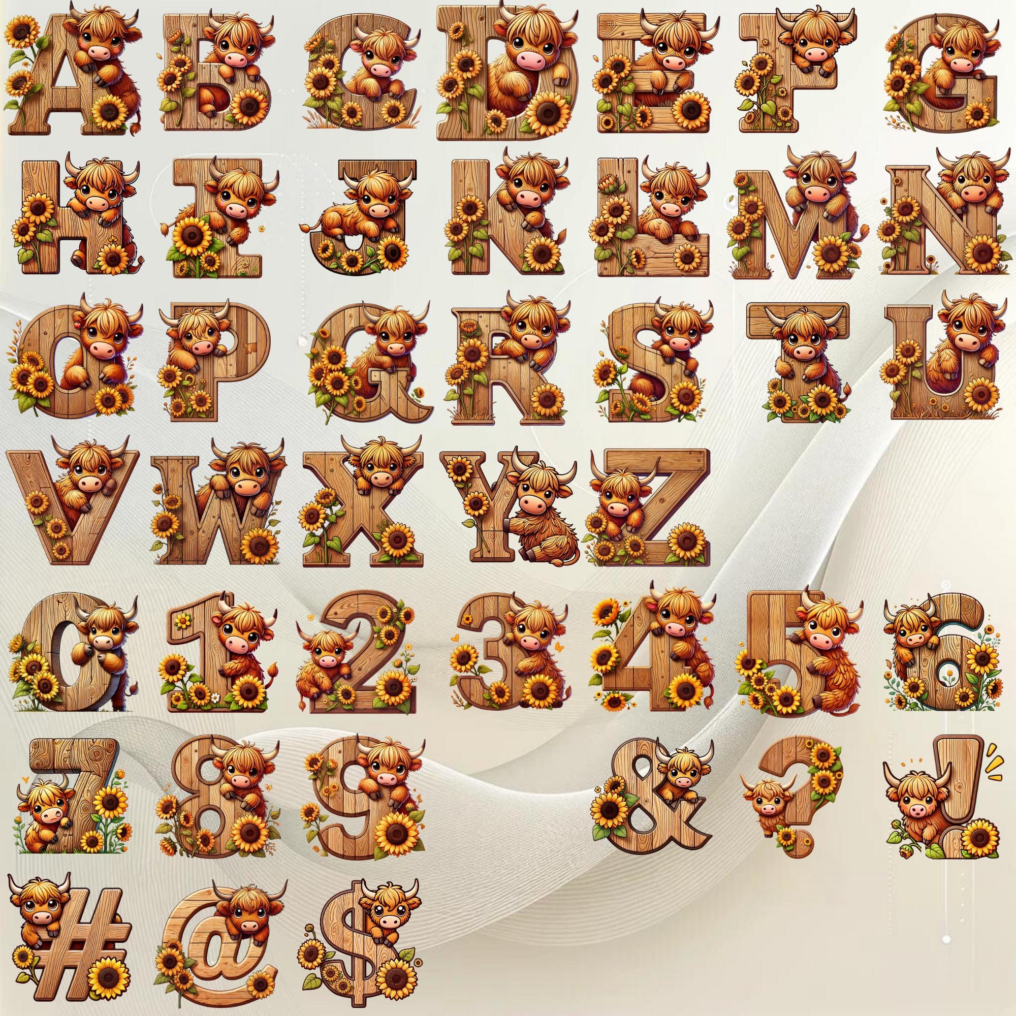 Highland Cow Alphabet Letter Png, Sunflower Highland Cow Png, Highland ...