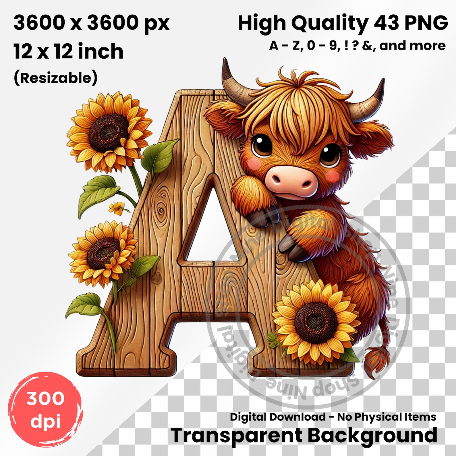 Highland Cow Alphabet Letter Png, Sunflower Highland Cow Png, Highland ...
