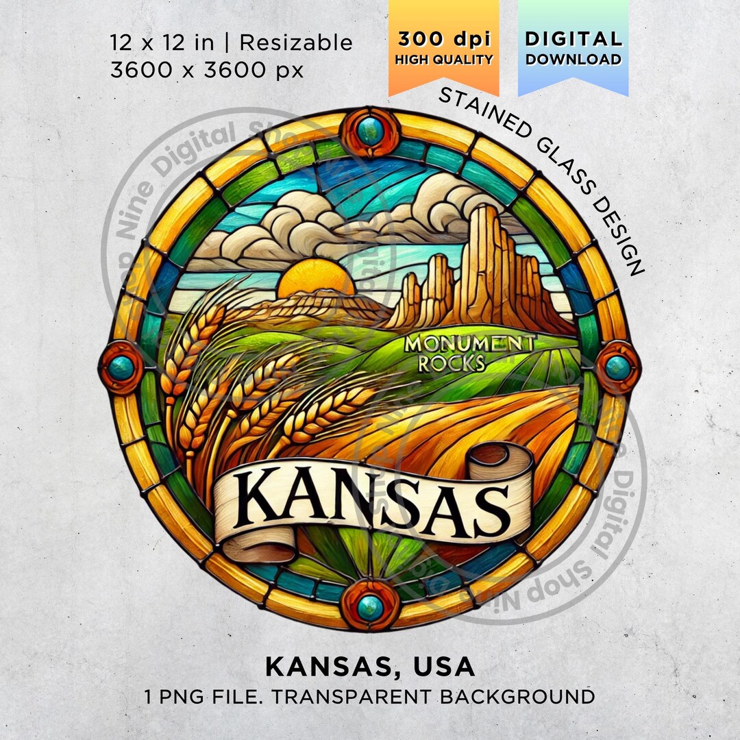 Kansas Stained Glass PNG, Kansas Artwork Prints, USA States Stained ...