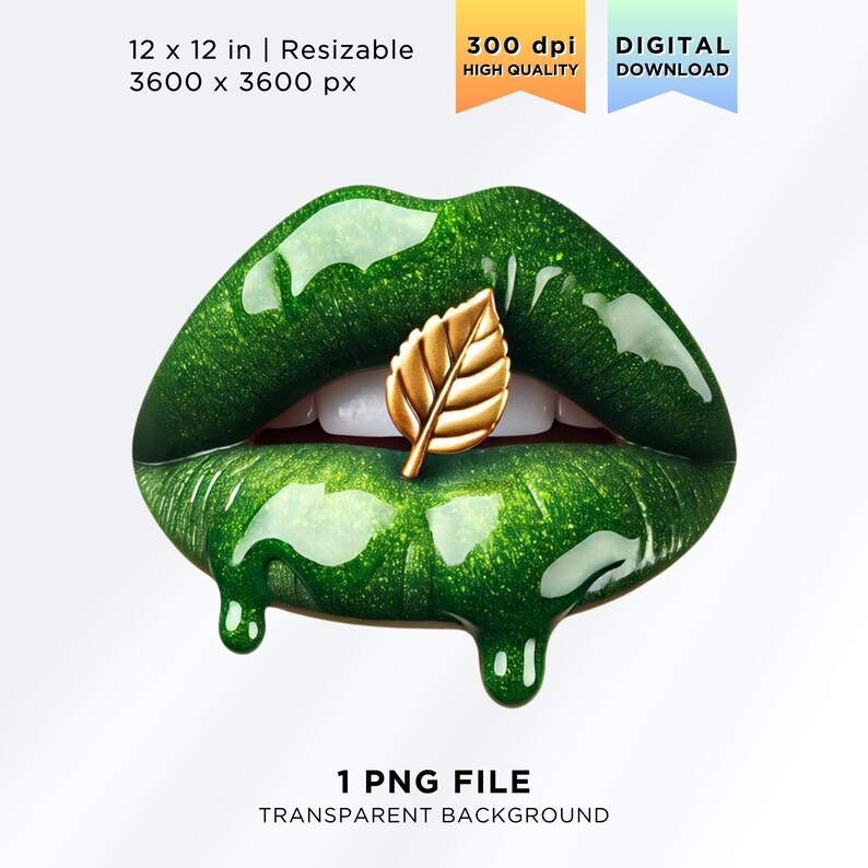 Leafy Green Dripping Lips Png Art, Green Leaf Dripping Lips Art, Nature ...