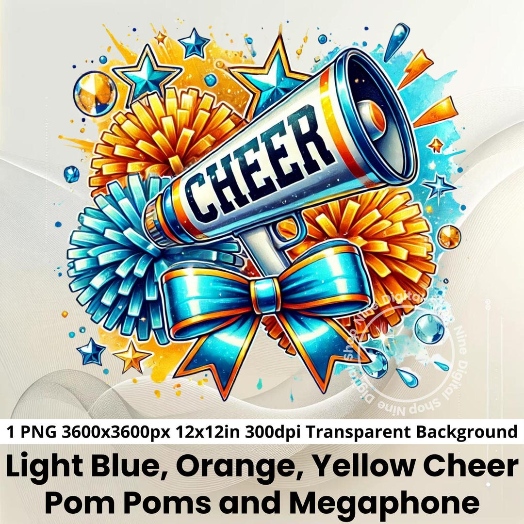 Light Blue Orange Yellow Cheer Pom Poms and Megaphone PNG Cheerleader ...