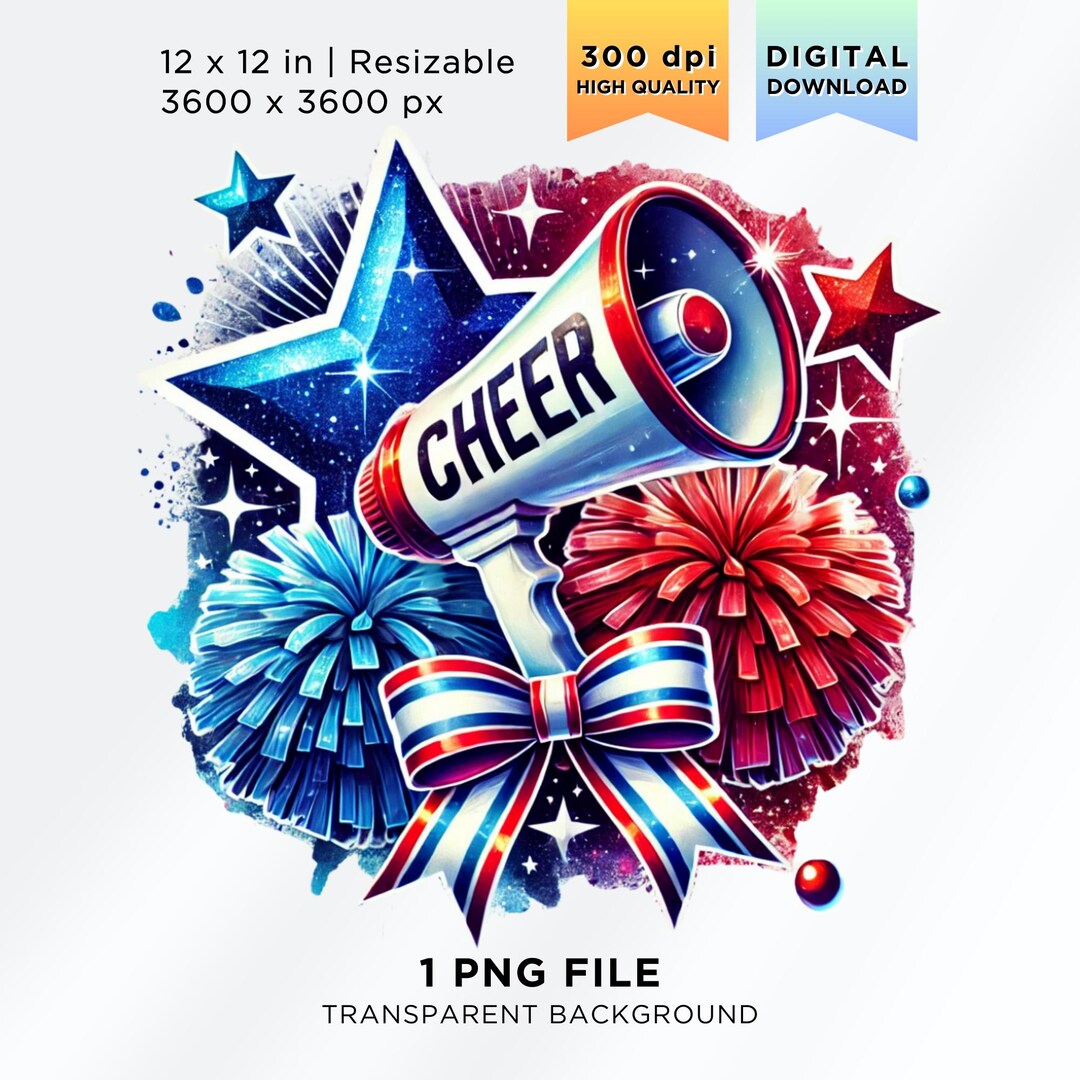Royal Blue Red White Cheer Pom Poms and Megaphone PNG Digital Download ...