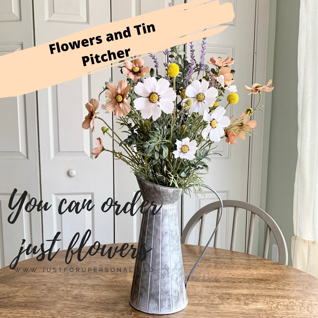 Spring Faux Flower Centerpiece: Farmhouse Tin Pitcher Vase - Etsy