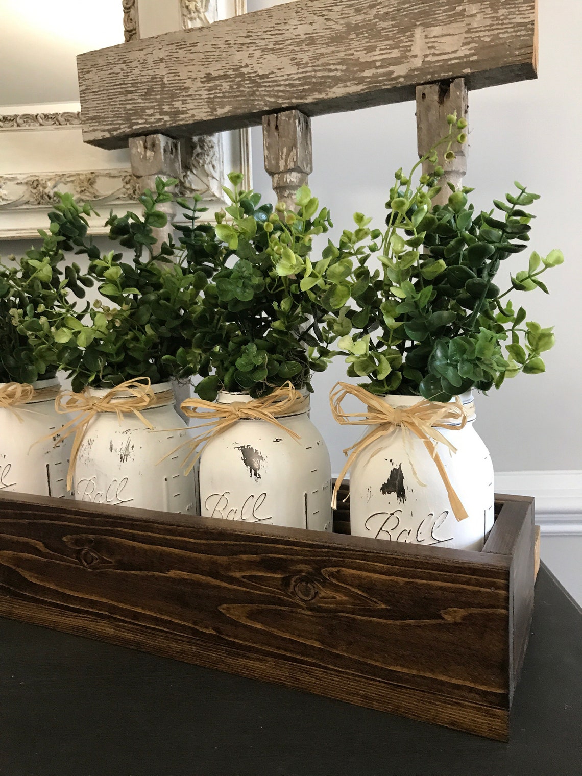 Rustic Mason Jar Floral Arrangement: Painted Jars in Wood Box - Etsy