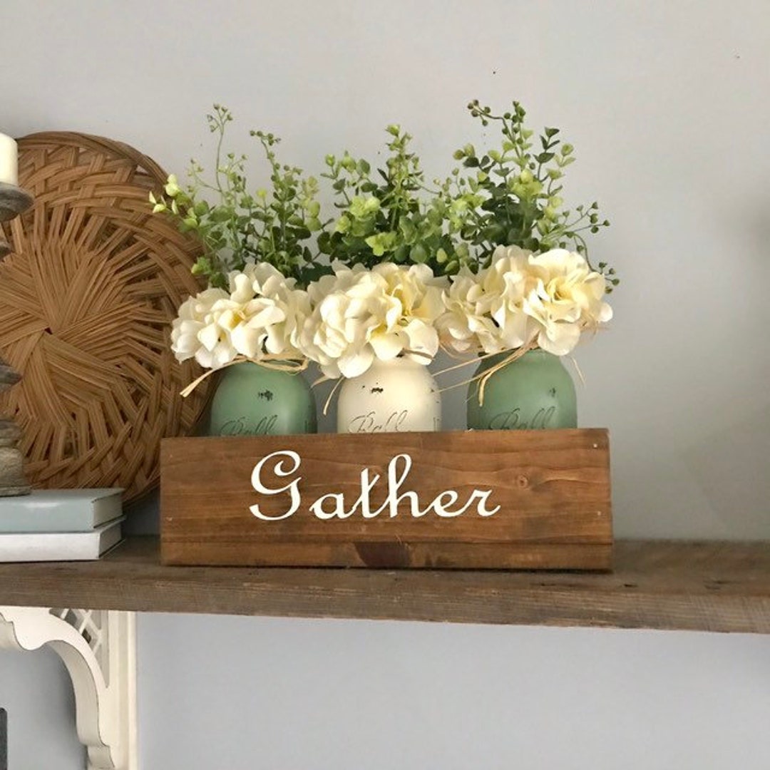 Handcrafted Stained Wood Box With 3 Mason Jars of Hydrangeas - Rustic ...