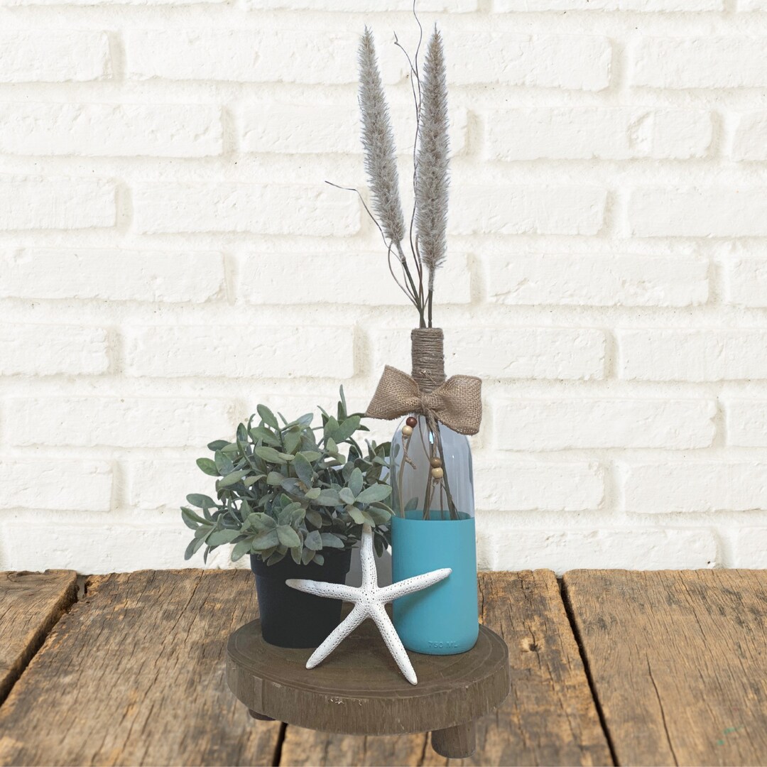 Coastal Decor Set: Wood Tray, Navy Bottle, Starfish, Greenery - Etsy