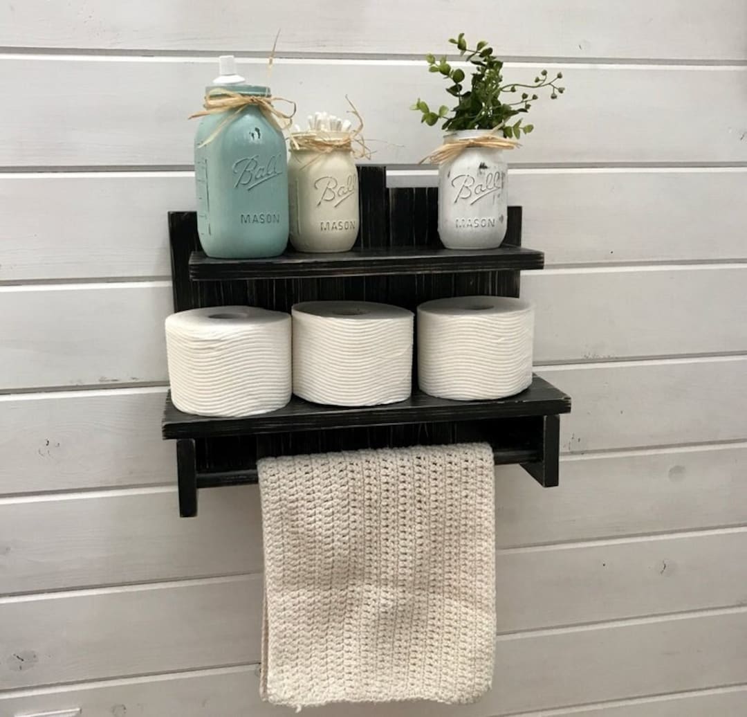 Rustic Farmhouse Bathroom Storage Shelf With Towel Bar - Handmade Home ...