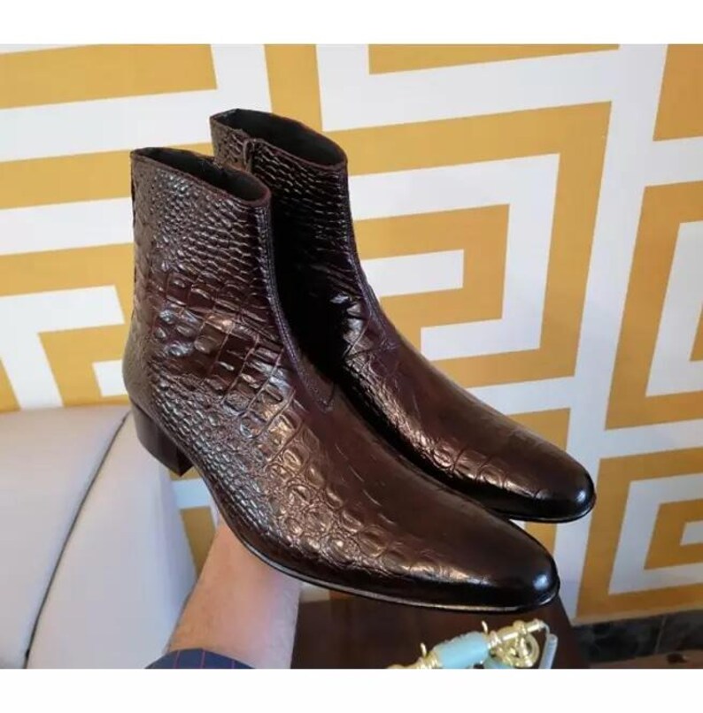 Handmade Men Classic Alligators Boots, Men Brown Side Zipper Crocodile ...