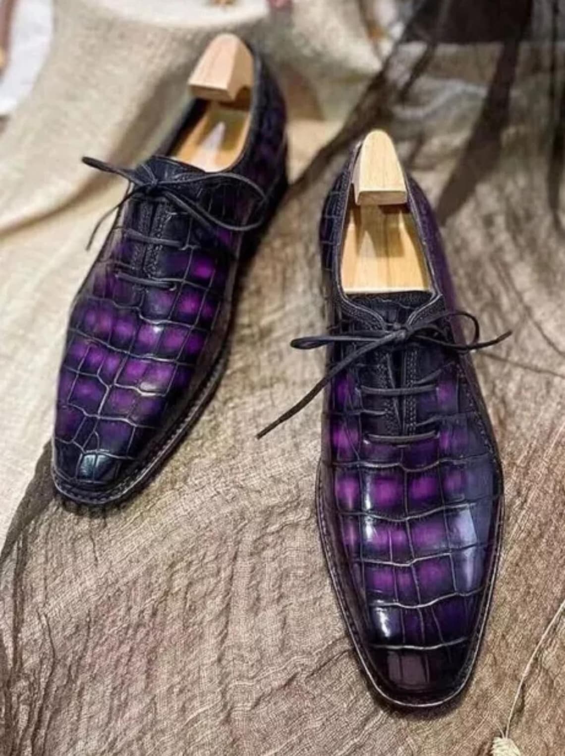 Handmade Men Purple Crocodile Shoes, Men Lace up Crocodile Oxford Shoes ...