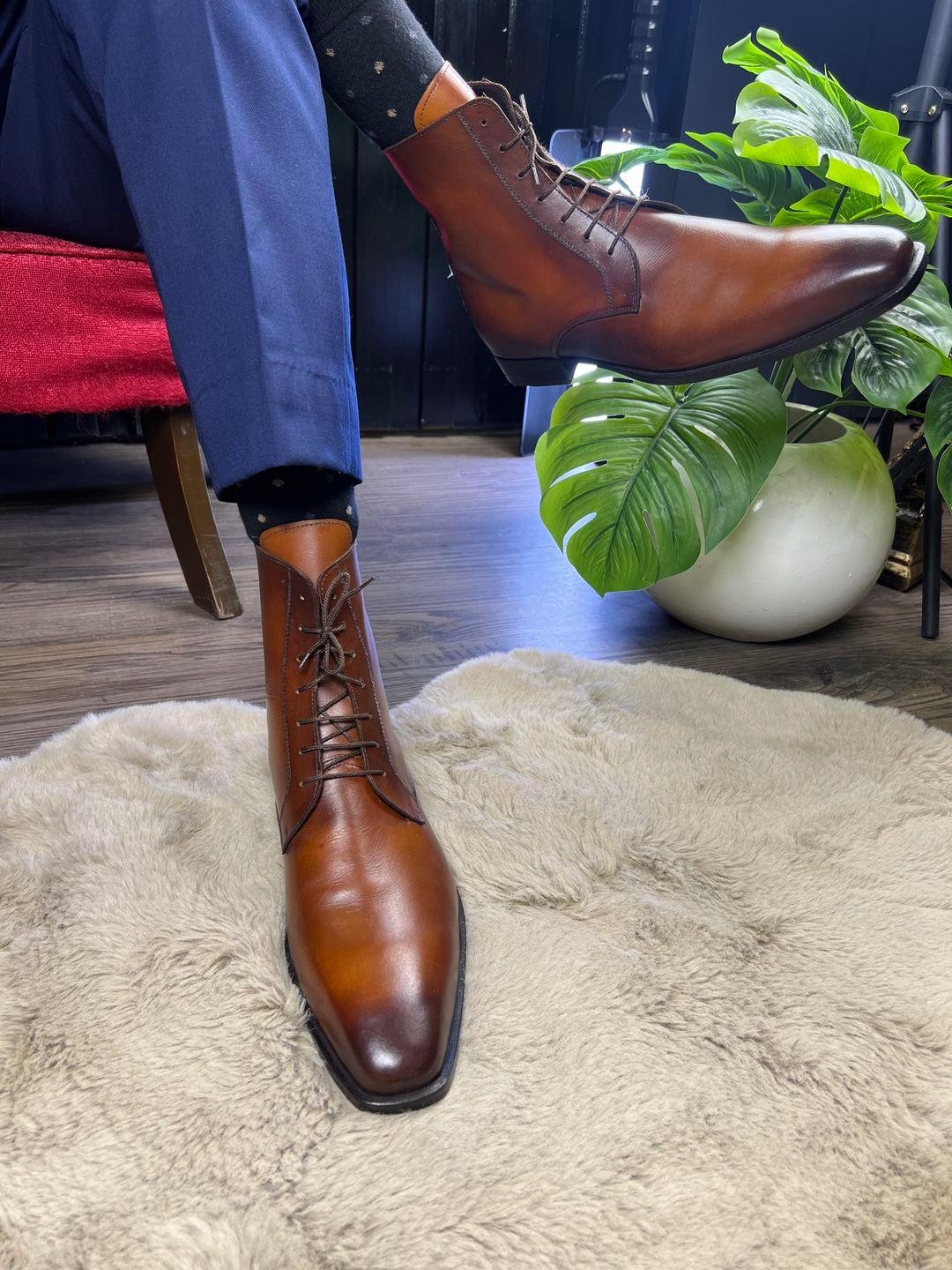 Handmade Men Brown Leather Dress Boots, Formal Ankle Lace up Office ...