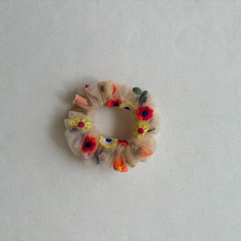 Flower Embroidery Net Scrunchies: Elegant Handmade Hair Accessory - Etsy