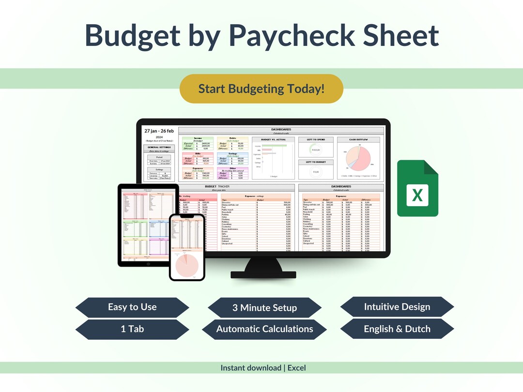 Budget by Paycheck Sheet Excel Template, English EN and Dutch NL ...