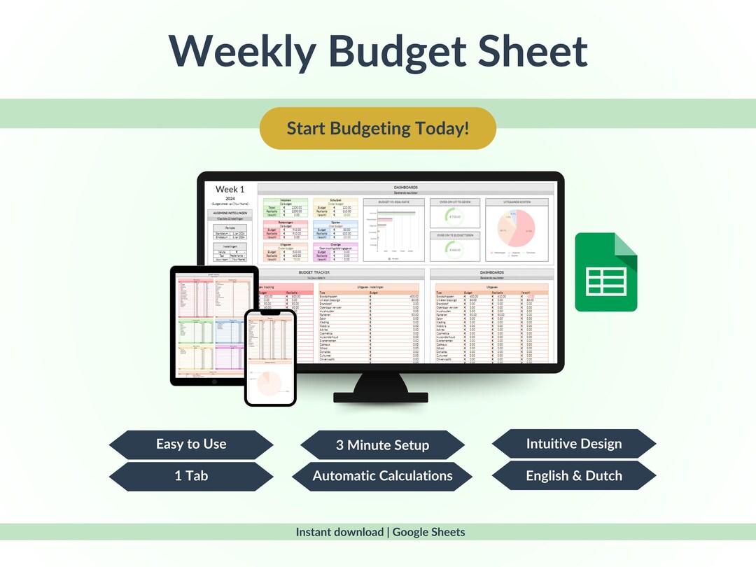 Weekly Budget Sheet Google Sheets Template, English EN and Dutch NL ...