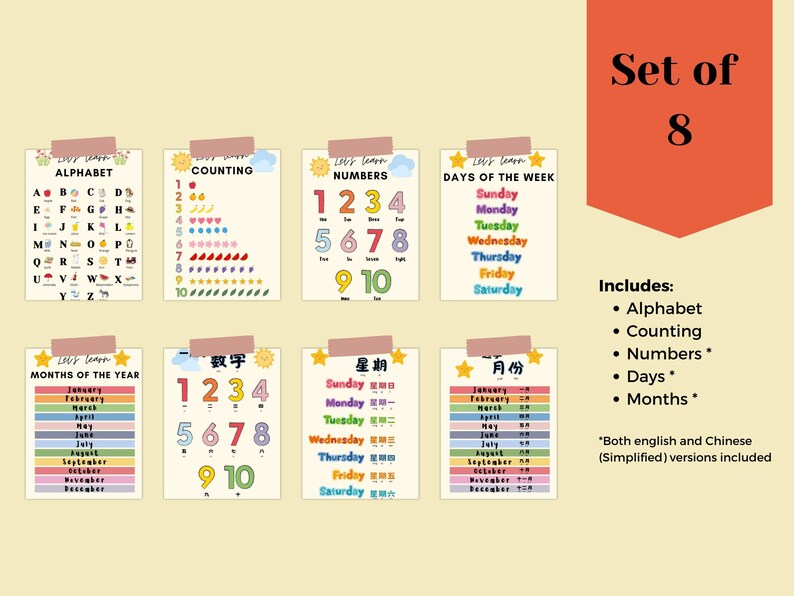 Set of 8 Bilingual English and Chinese Educational Posters + Activity ...