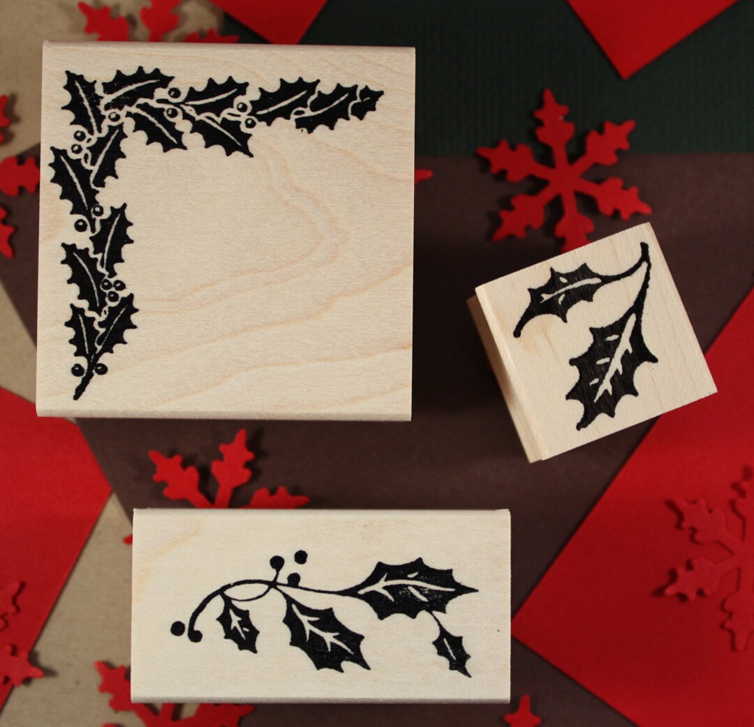 Christmas Holly RUBBER STAMP SET of Three~holly Berries~corner and ...