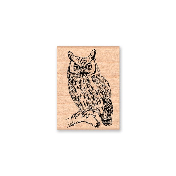OWL STAMP Great Horned Owl Illustration Drawing Forest - Etsy