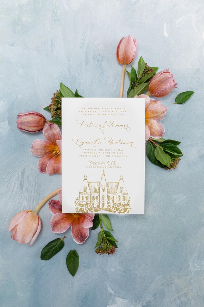 Regal European Inspired Wedding Invitation 5pc Set | Gold and White ...