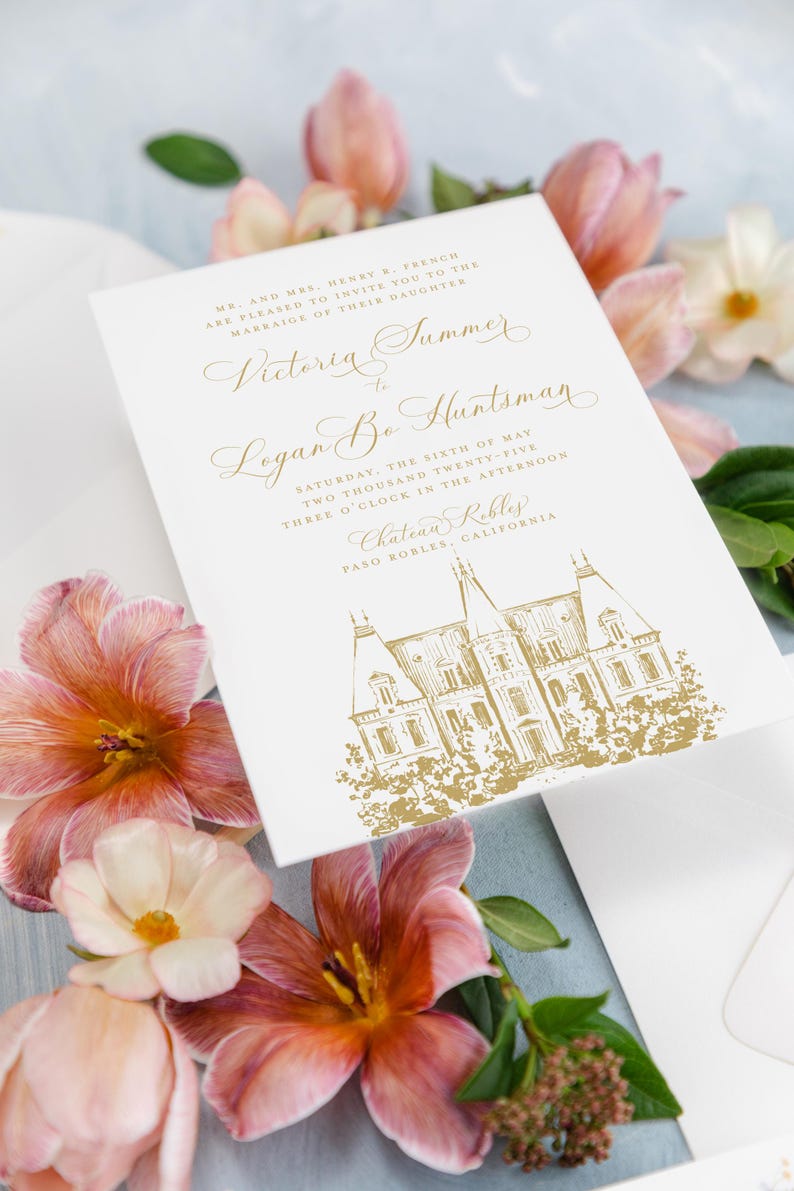 Regal European Inspired Wedding Invitation 5pc Set | Gold and White ...