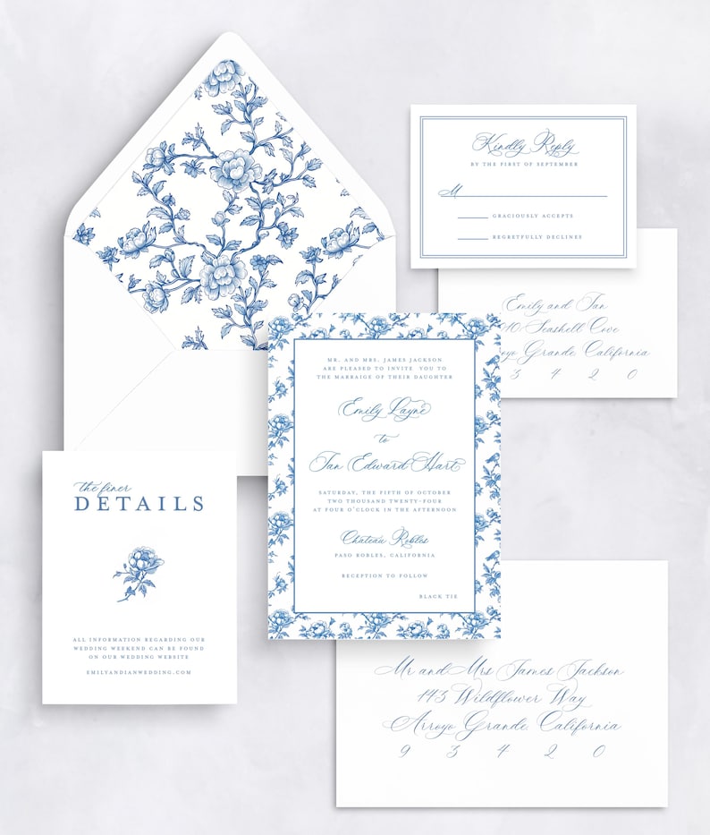 Blue Willow Wedding Invitation Set: French Inspired, Elegant - Etsy