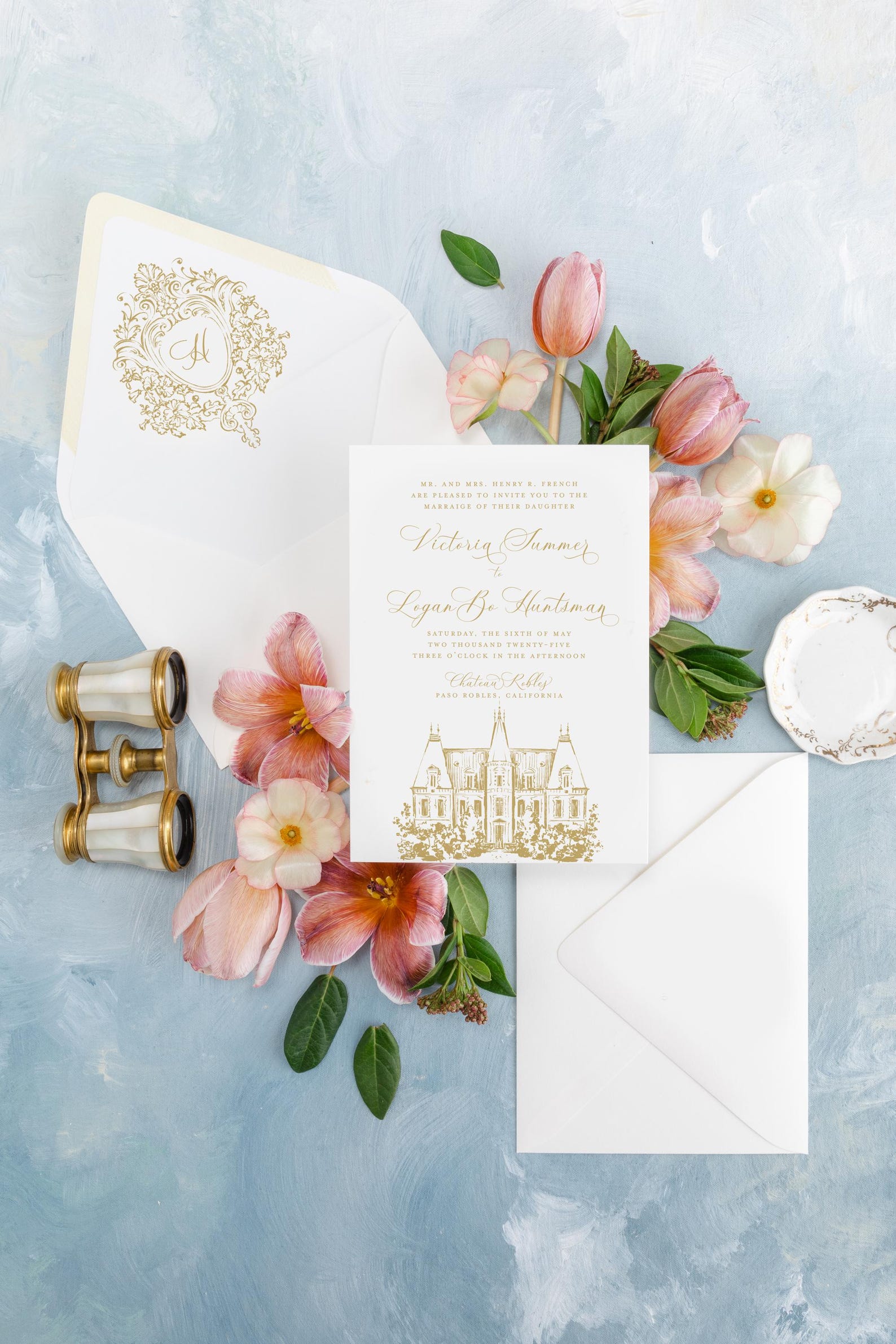 Regal European Inspired Wedding Invitation 5pc Set | Gold and White ...