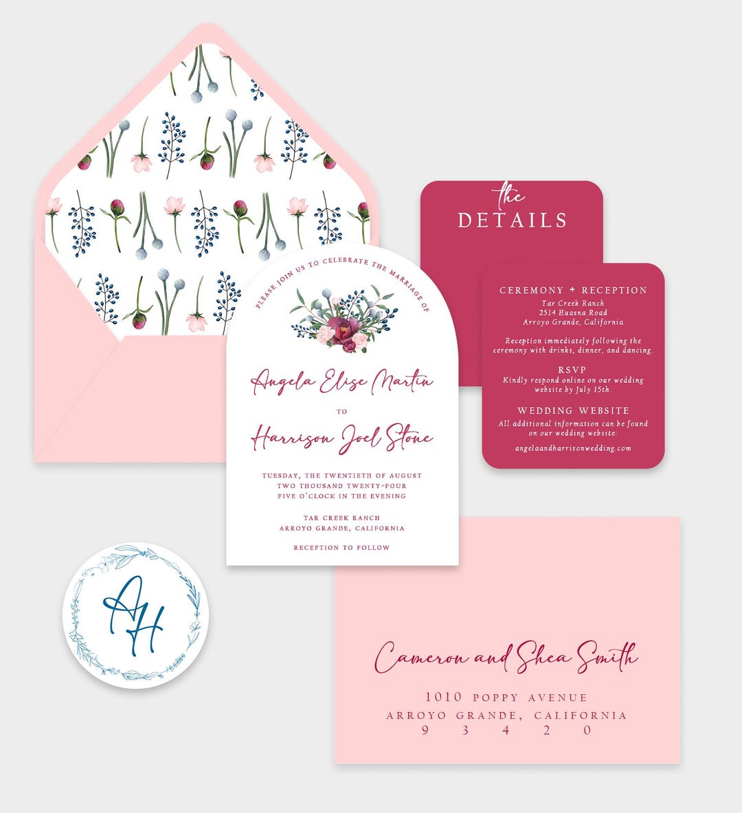Arch Pink Wedding Invitation 4pc Set | Custom Floral Watercolor | Pink ...