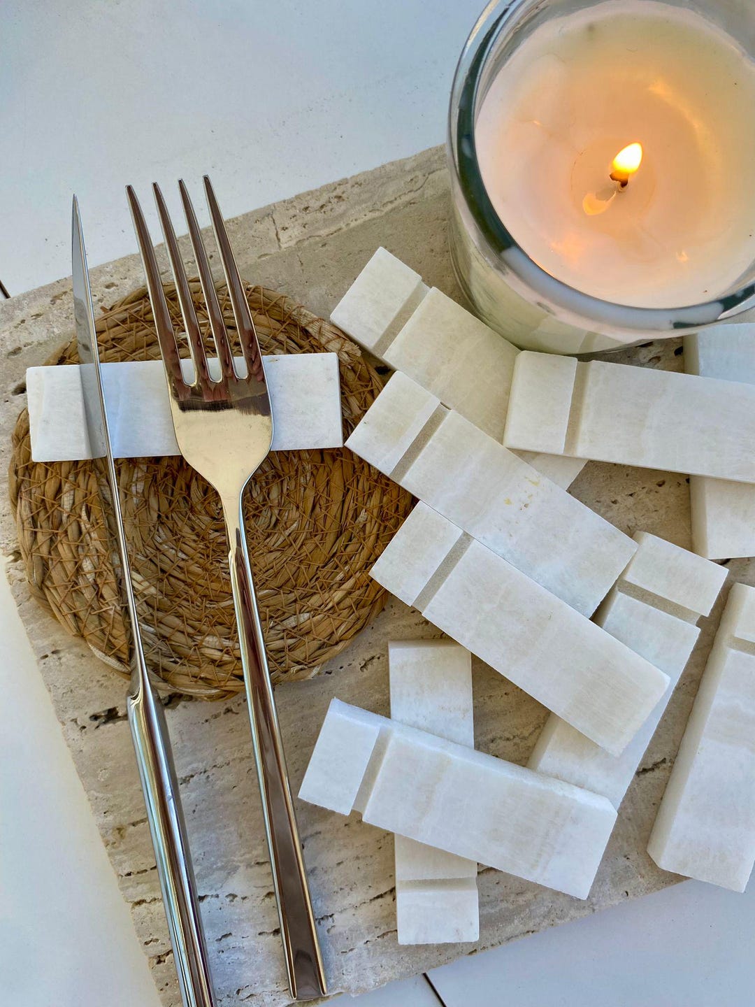 White Onyx Marble Cutlery Rest With Knife Holder Natural Stone Flatware ...