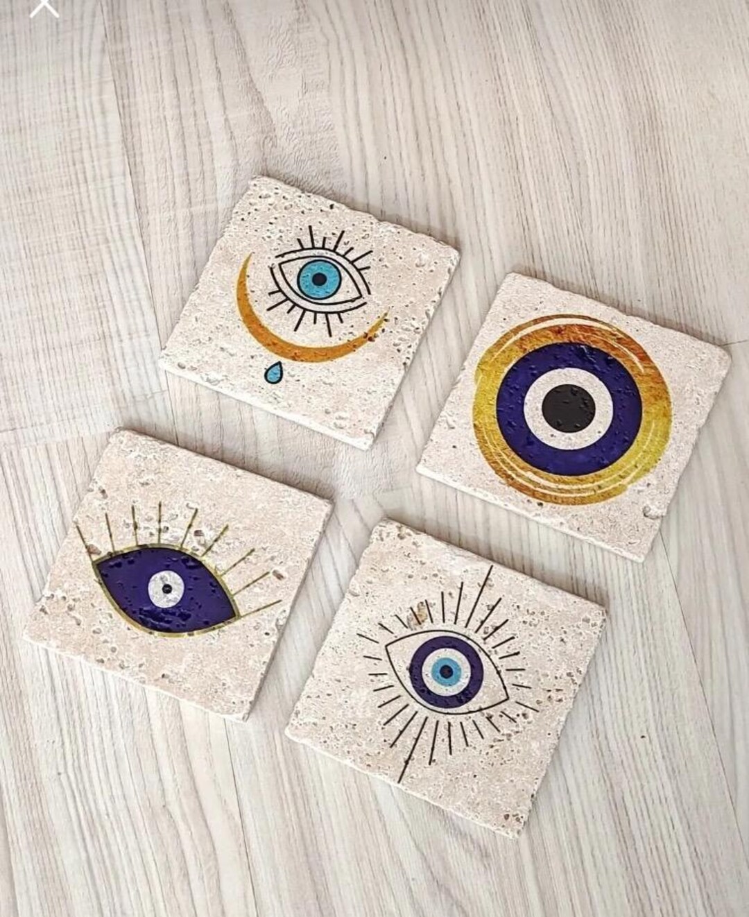 4-piece Travertine Coasters Set Evil Eye Natural Travertine Stone ...