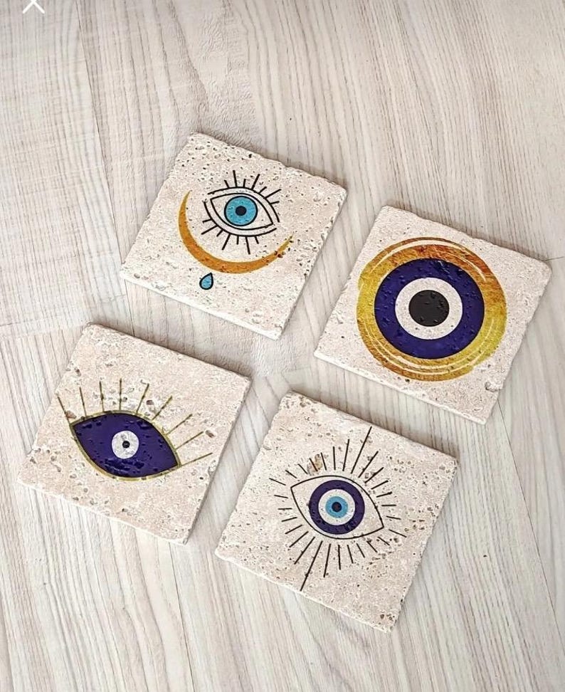 4-piece Travertine Coasters Set Evil Eye Natural Travertine Stone ...