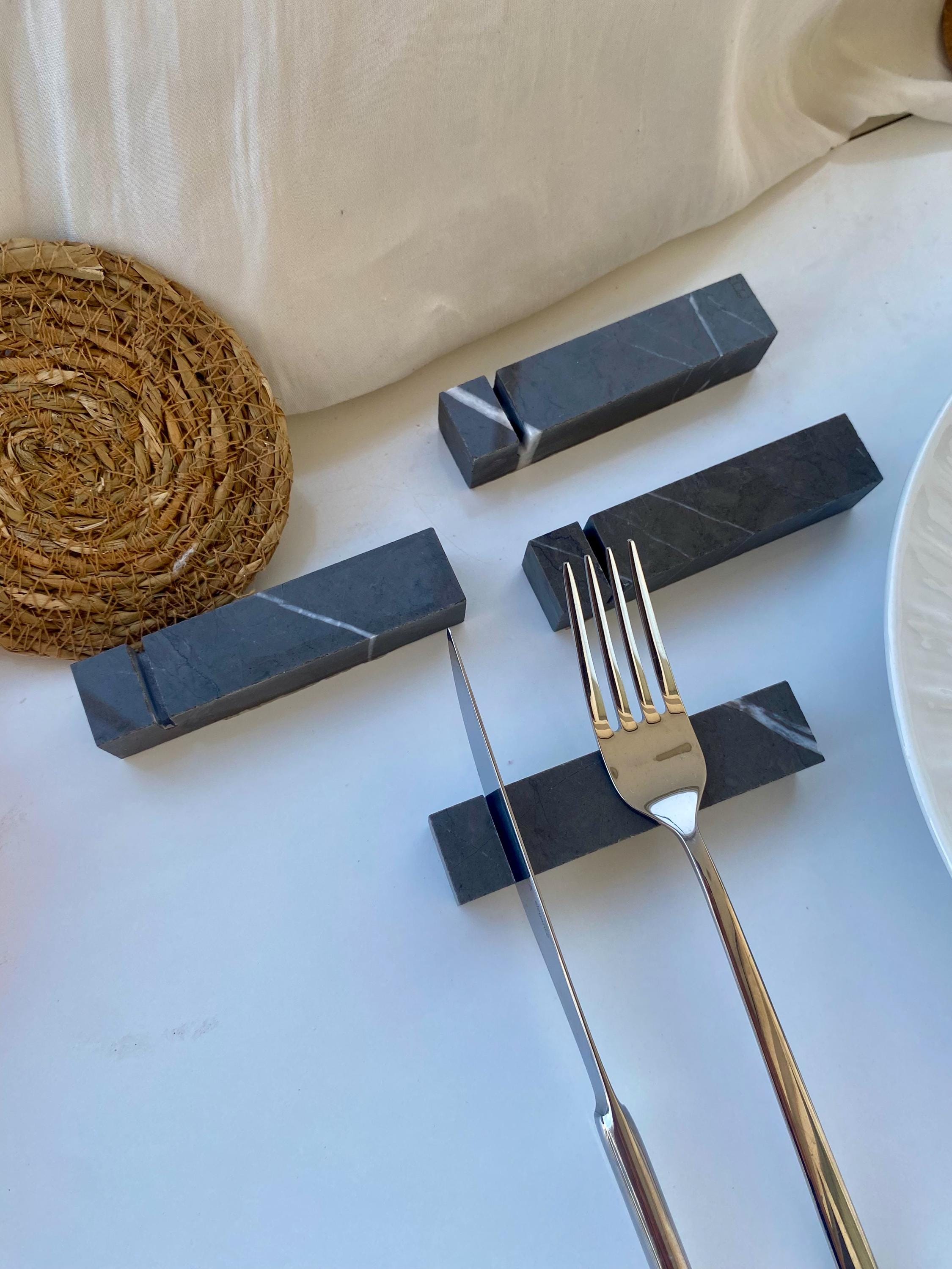 Pietra Gray Marble Cutlery Rest With Knife Holder / Dark Grey Marble ...