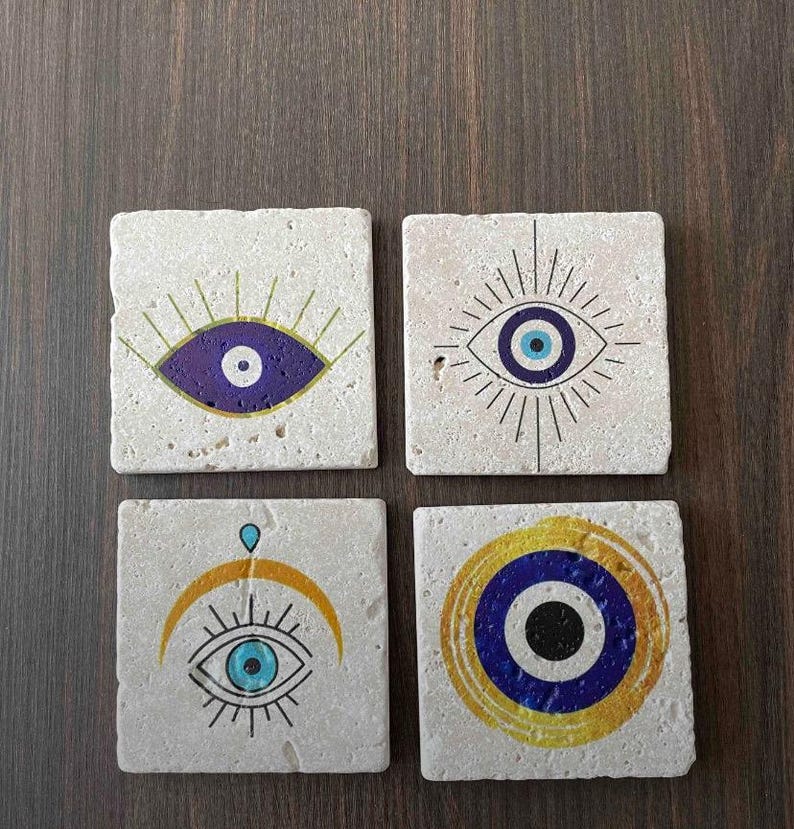 4-piece Travertine Coasters Set Evil Eye Natural Travertine Stone ...