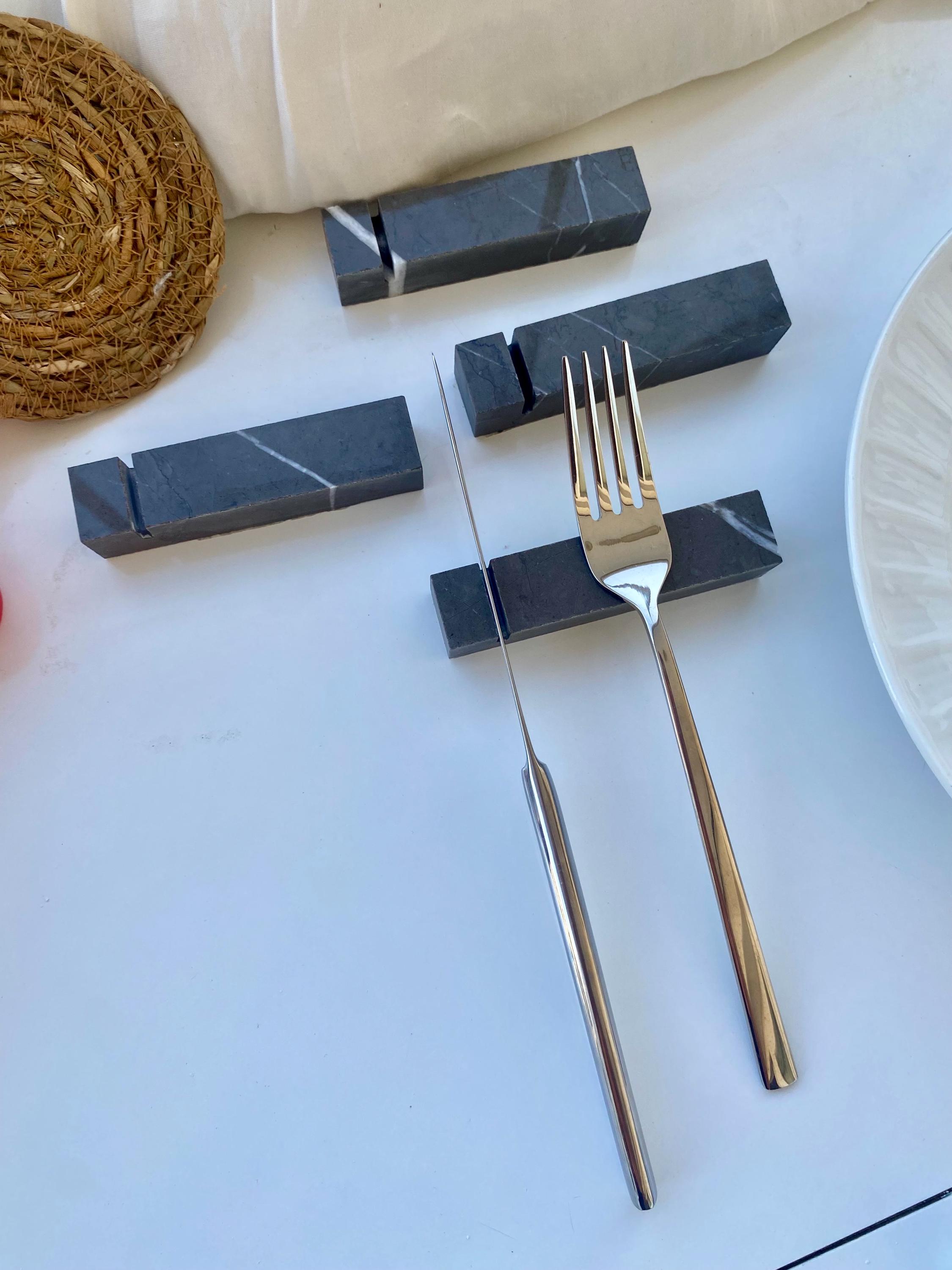Pietra Gray Marble Cutlery Rest With Knife Holder / Dark Grey Marble ...