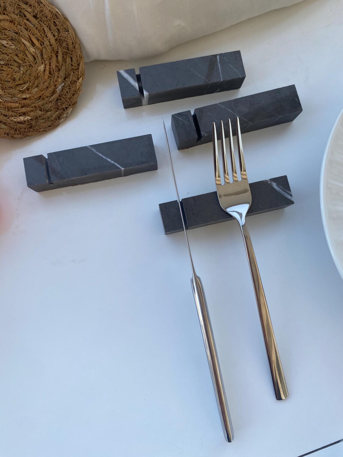Pietra Gray Marble Cutlery Rest With Knife Holder / Dark Grey Marble ...