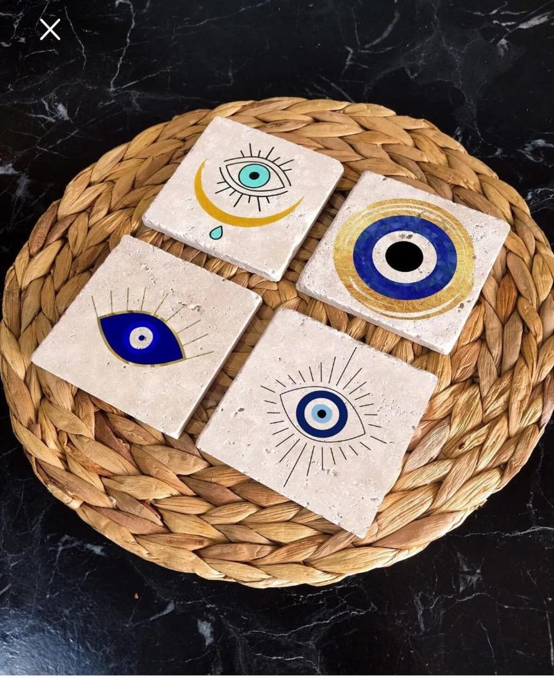 4-piece Travertine Coasters Set Evil Eye Natural Travertine Stone ...