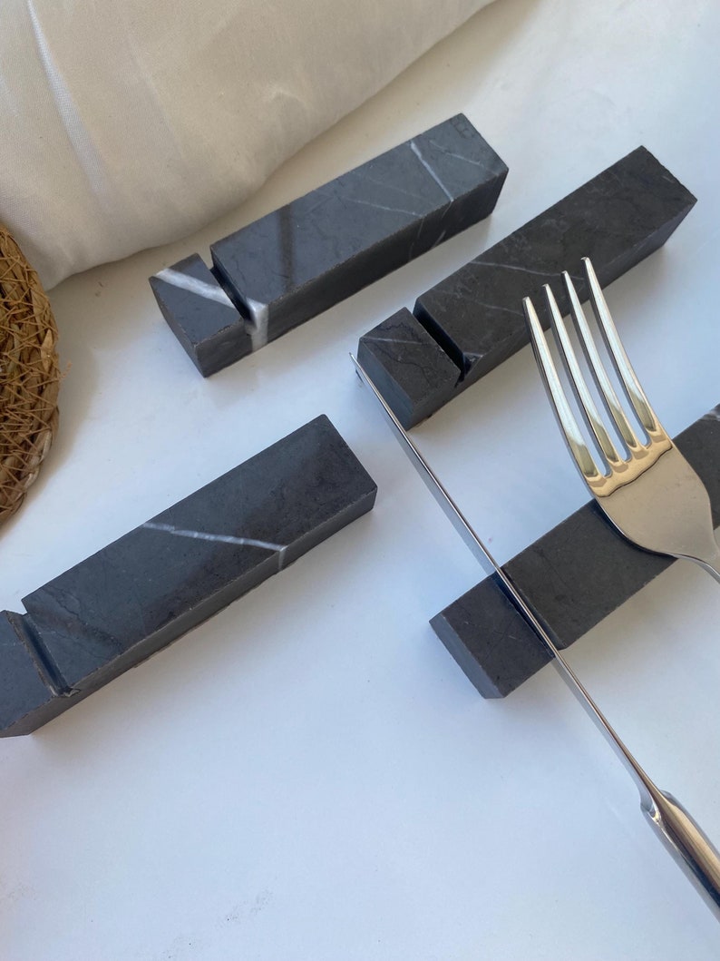 Pietra Gray Marble Cutlery Rest With Knife Holder / Dark Grey Marble ...