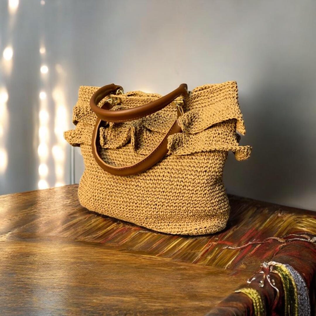 Handwoven Raffia Shoulder Bag With Ruffle Detail – Elegant Frill Tote ...