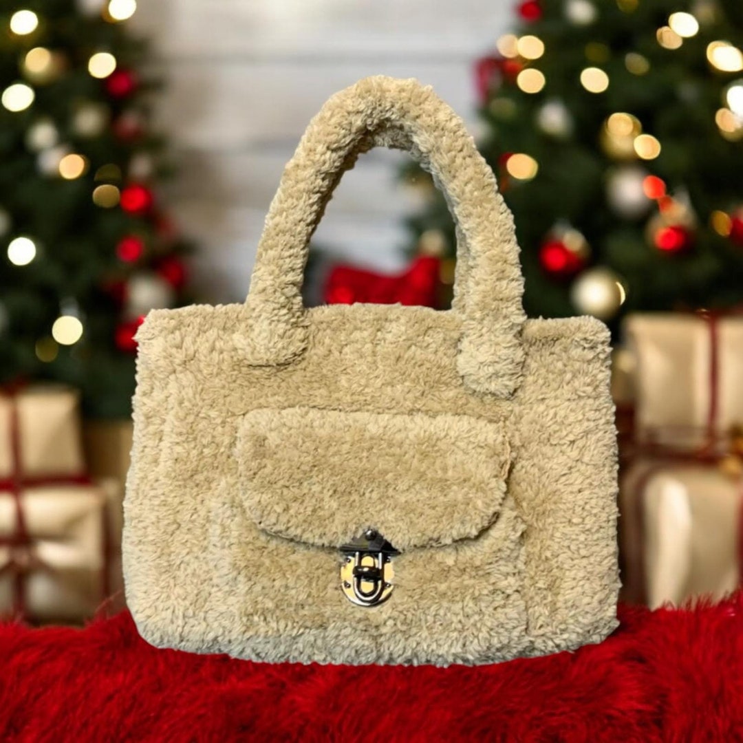 Handmade Plush Beige Tote Bag, Women’s Cozy Knit Purse, Large Laptop ...